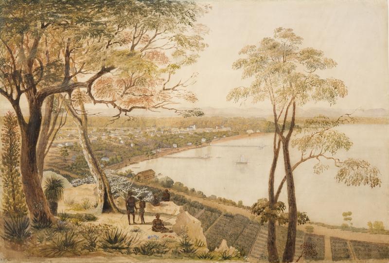An extensive view of Perth, Western Australia with a group of natives ...